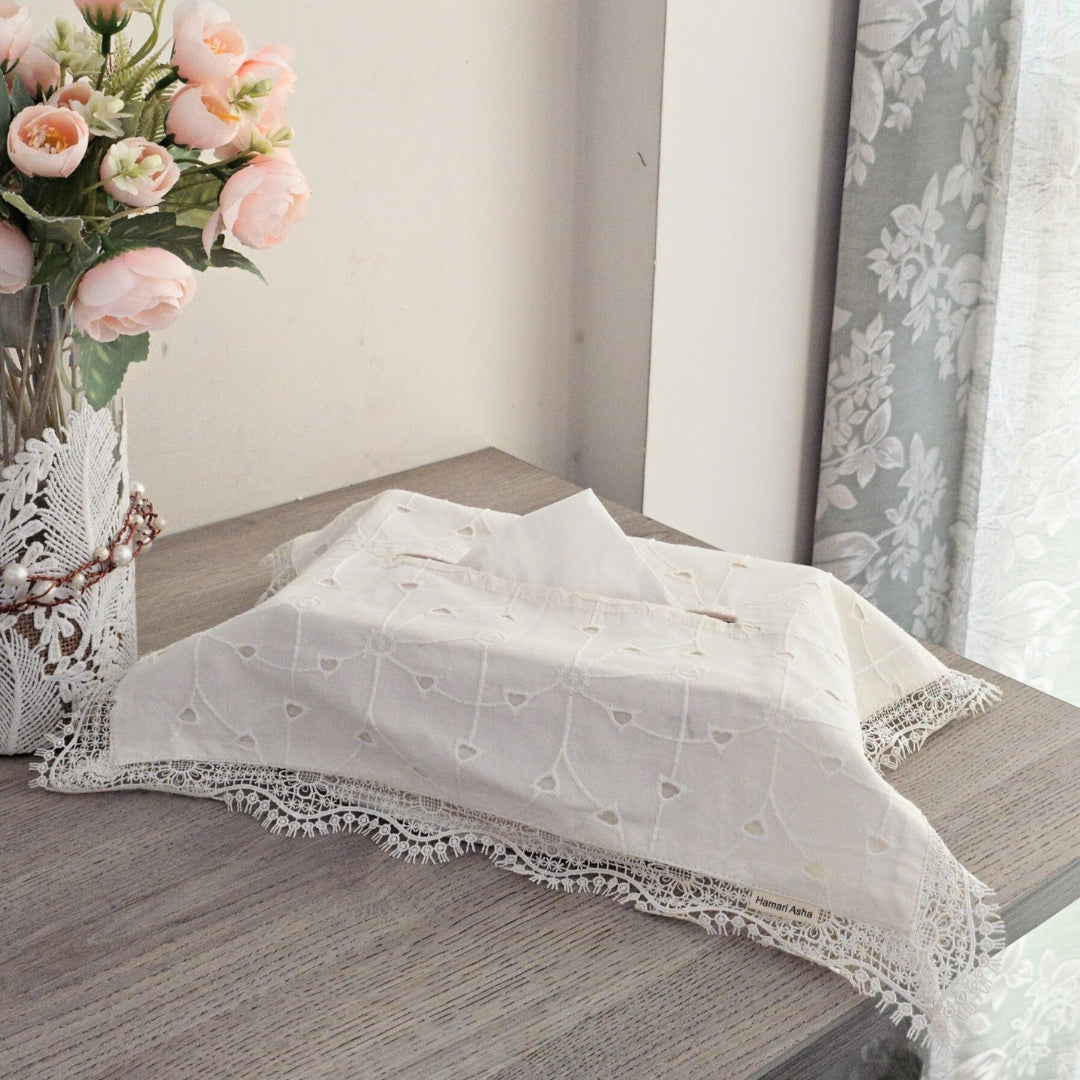 White Schiffli Lace Tissue Box Cover – Hamari Asha