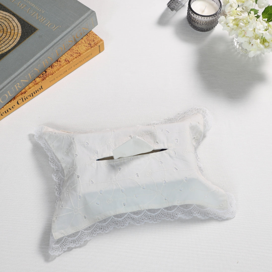 White Schiffli Lace Tissue Box Cover – Hamari Asha